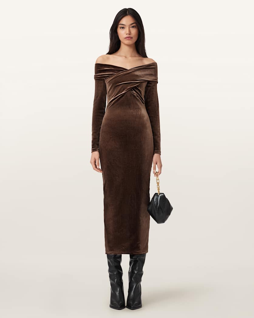 Delta Velvet Midi Dress Bitter Brown | ALLSAINTS